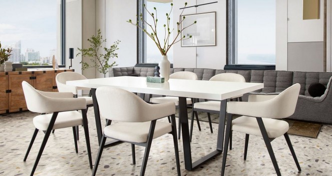 7PC Mirage White Top & Black Frame Dining Table / Ivory Boucle Adele ...