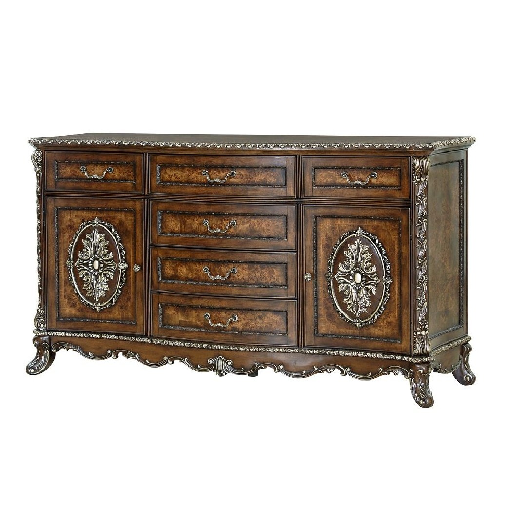 Queen Bed Cream Fabric & Cherry Finish Devany Collection by Acme Furniture