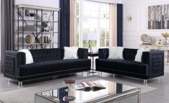 SF2008 Contemporary Style Sofa & Loveseat Black velvet all over tufting ...